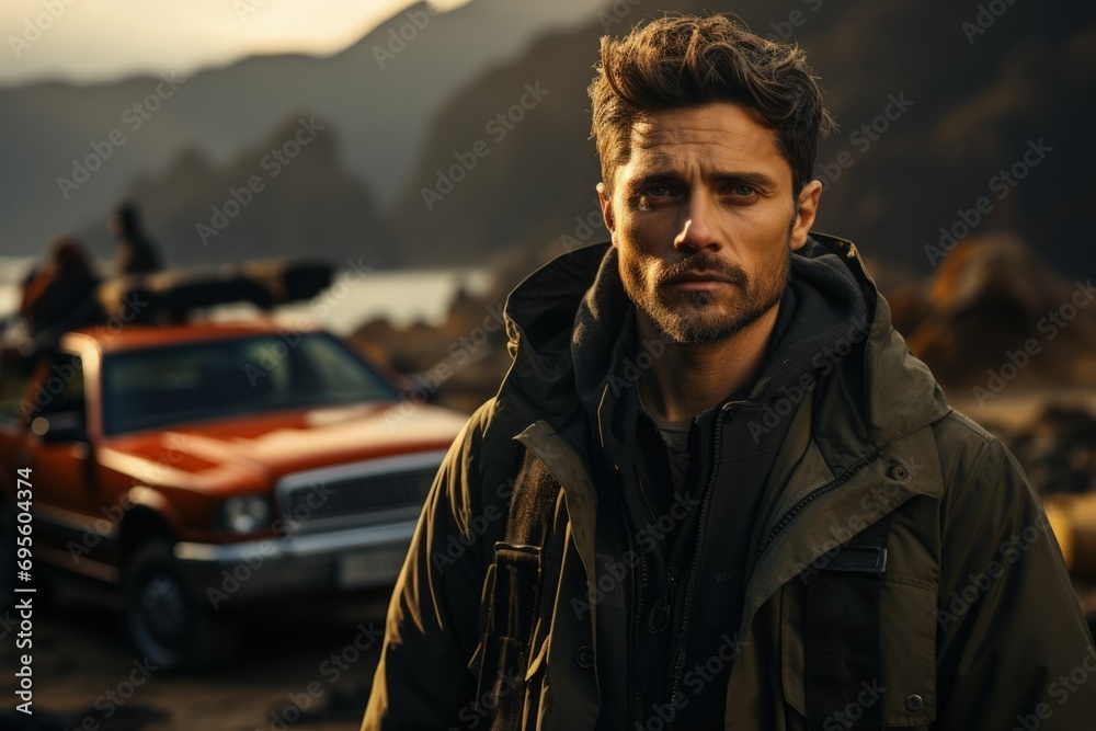 Adventurous Man with Vintage Truck: A determined explorer in rugged ...