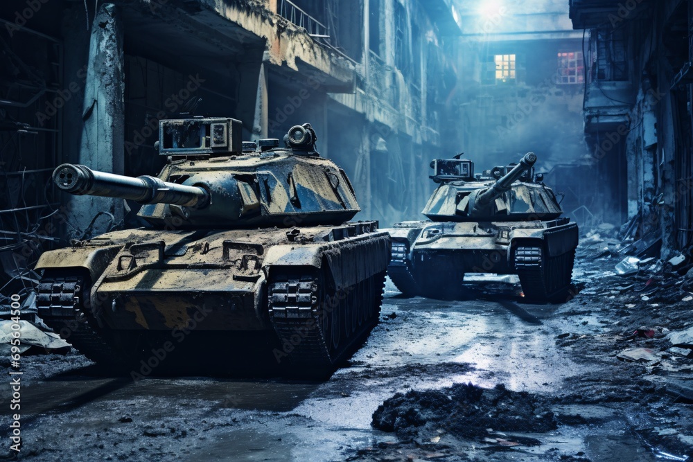 Two old military tanks parked next to each other Generative AI Stock ...