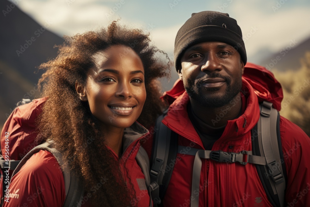 Mountain Trail Companions: A couple in hiking gear smiles warmly ...