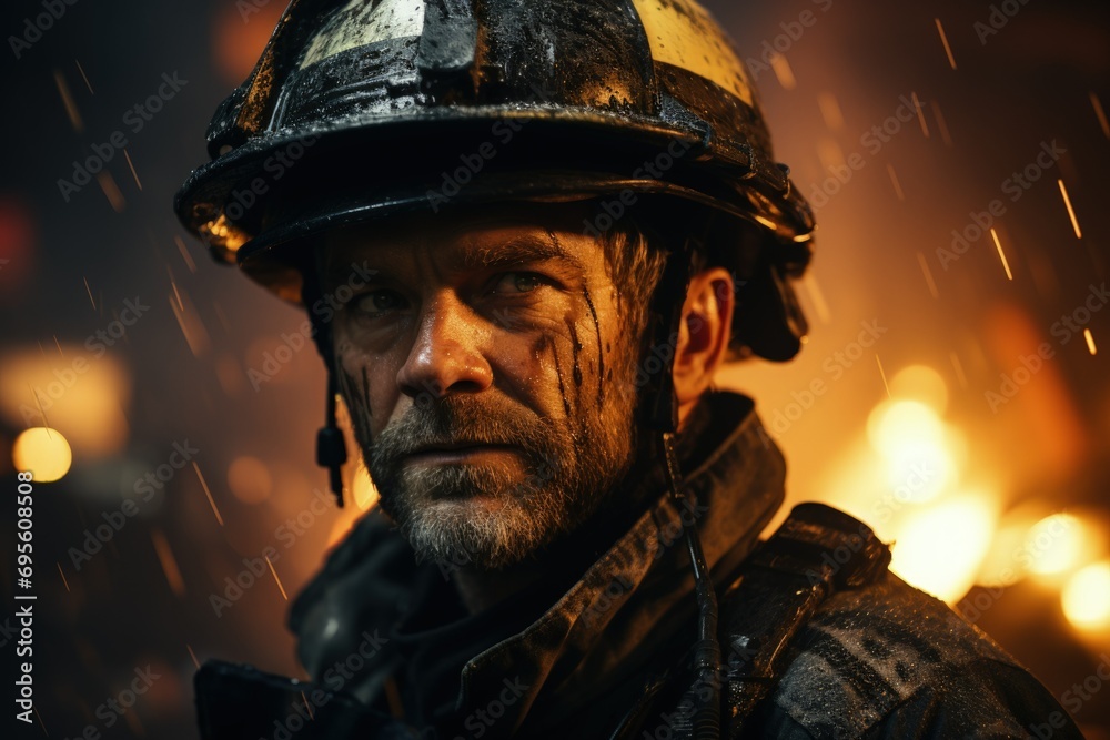 Firefighter's Resolve: Stoic hero, soot-covered face, firefighting ...