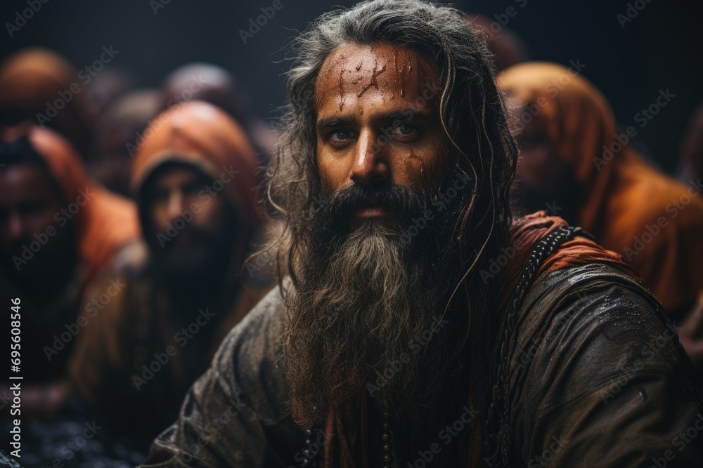 Intense Spiritual Man: Deep gaze, spiritual markings, crowd of monks ...