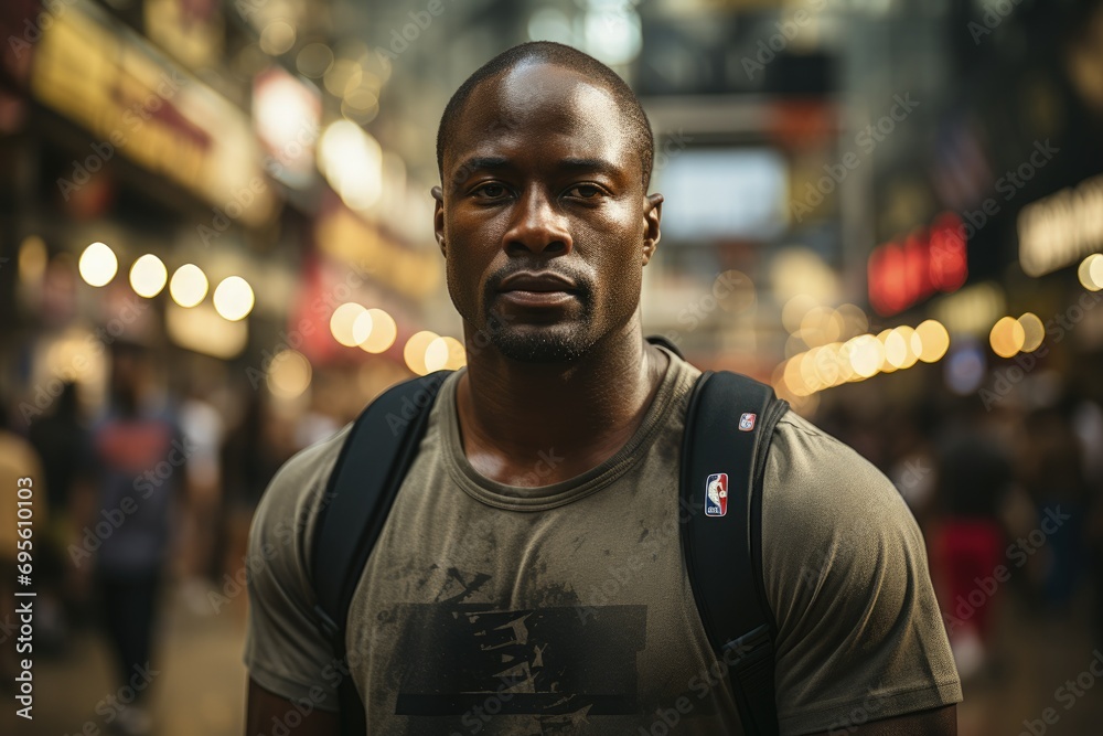 Steadfast Gaze in the City: A man with a compelling look stands ...