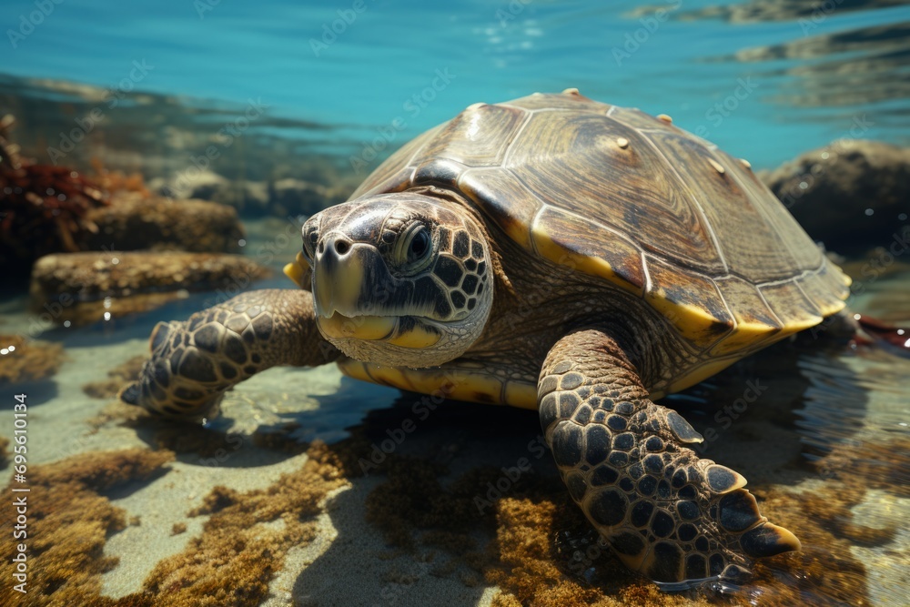 Sea Turtle in Shallow Waters: An intimate glimpse of a sea turtle ...