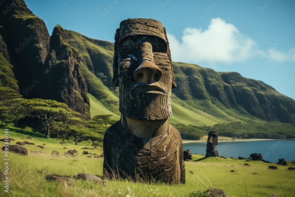 Moai Statue on Easter Island: A solitary Moai statue against a blue sky ...