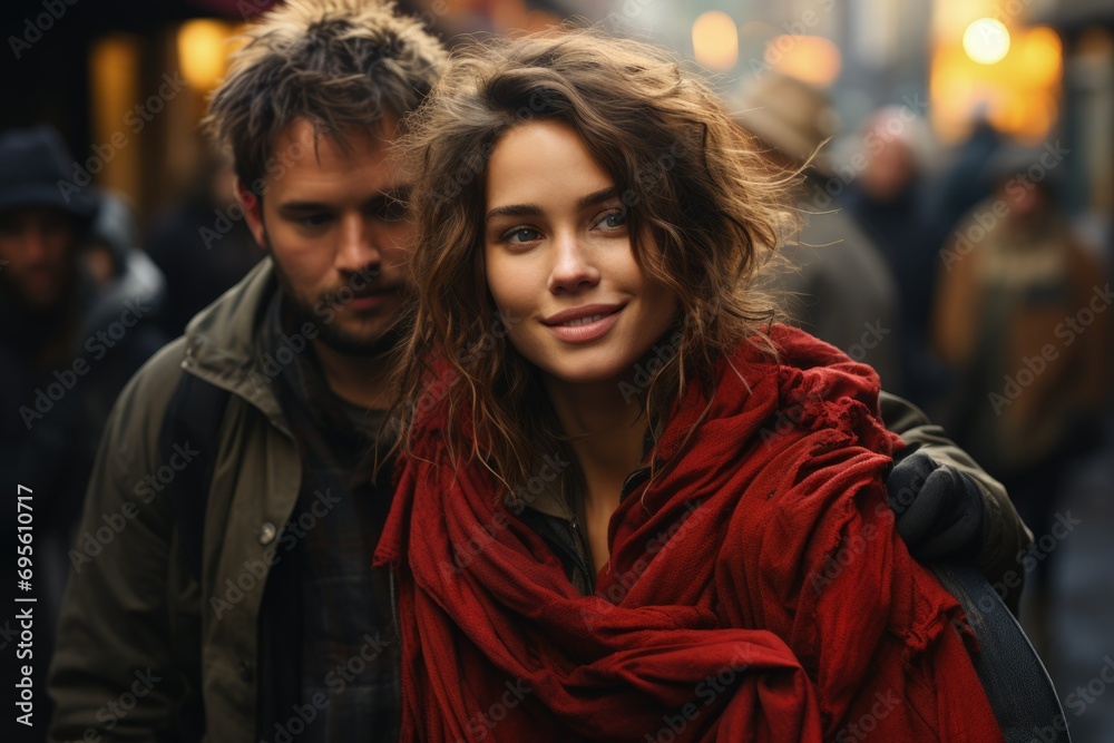 Intimate Moment in City Bustle: A couple shares a close, affectionate ...
