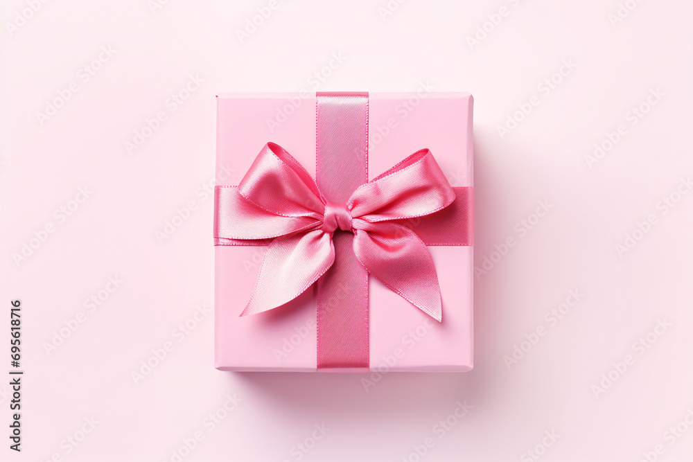 Top view of pink gift box with ribbon on light pink background Stock ...