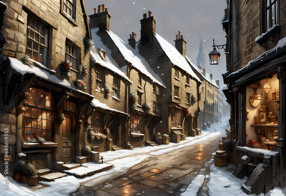 view of an old fashioned english northern town street in winter at ...