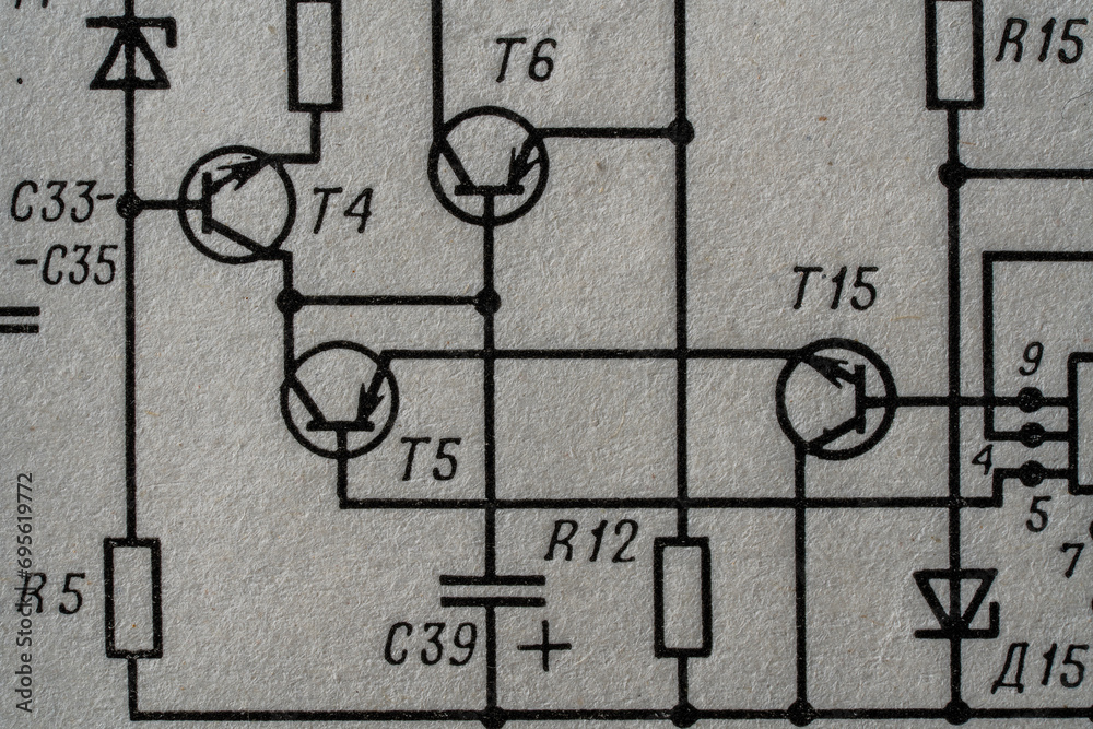 Old radio circuit printed on vintage paper electricity diagram as ...