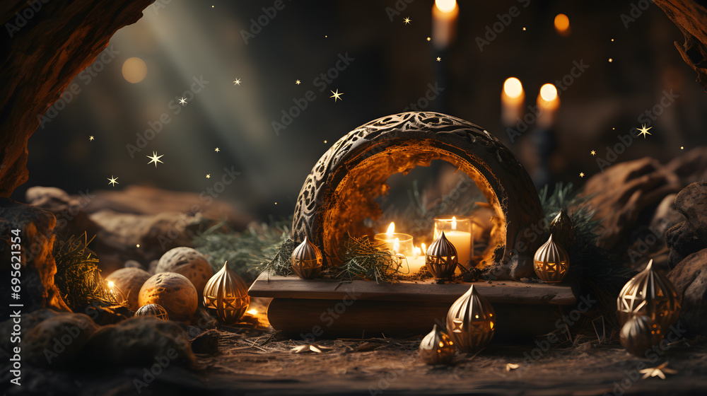 Christian Christmas scene with star of Bethlehem in cave. Birth of ...