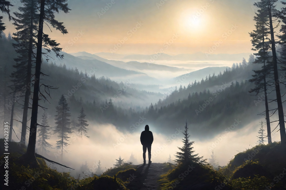 Forest, fog, mountains in the distance, man in the sport hood standing ...