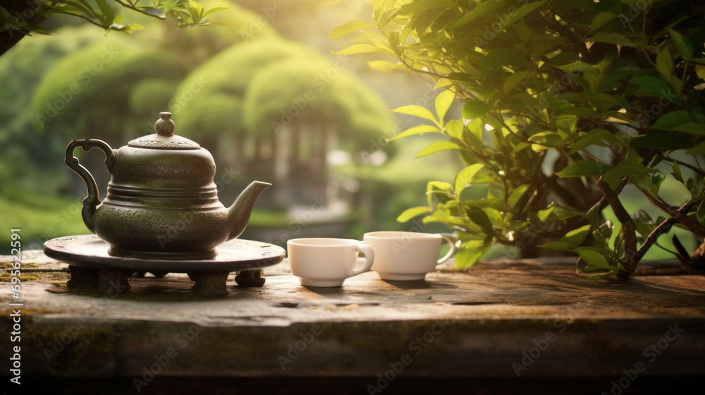 Tranquil setting featuring a teapot and cup on aged stone table amidst ...