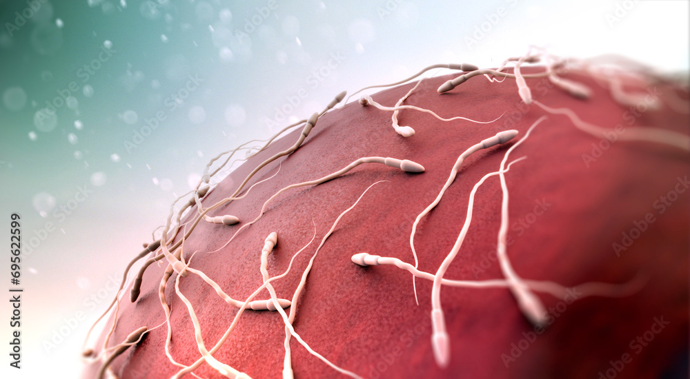 Egg and sperm magnification under the microscope. Close-up view of ...