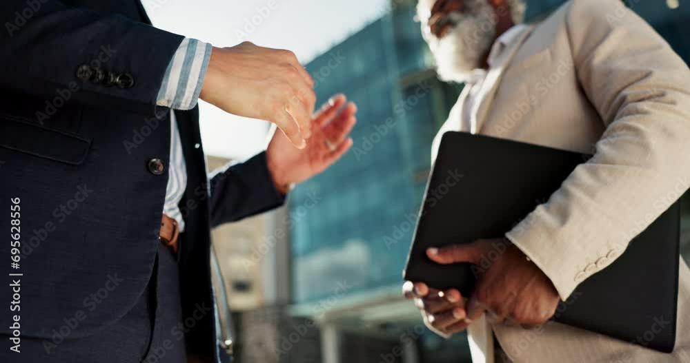 City, business people and men with handshake, greeting and contract ...