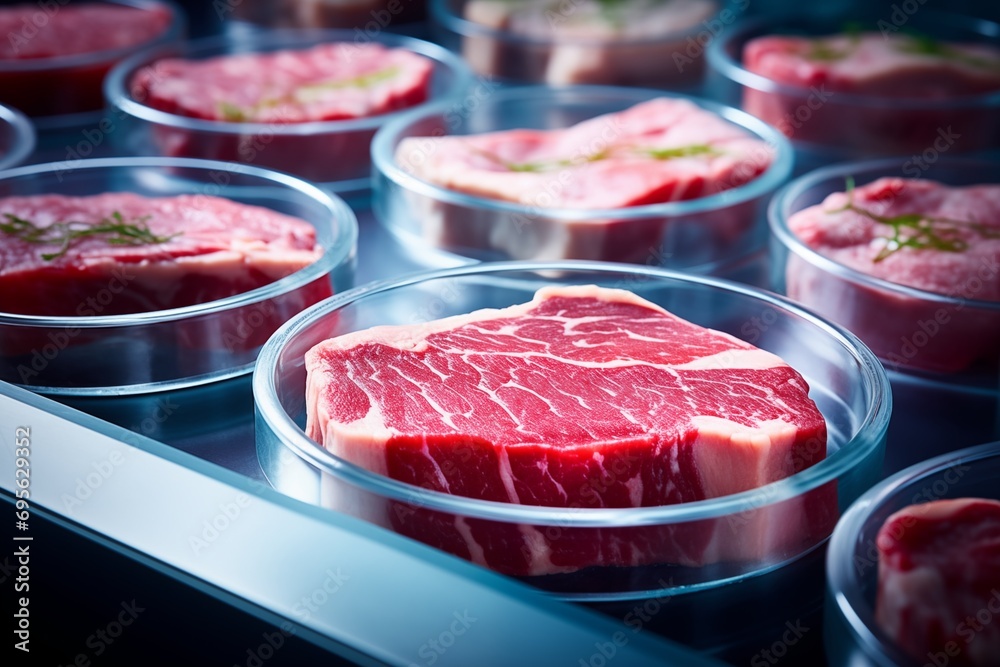 artificial meat. bio meat. vegan. laboratory. Panoramic composition ...