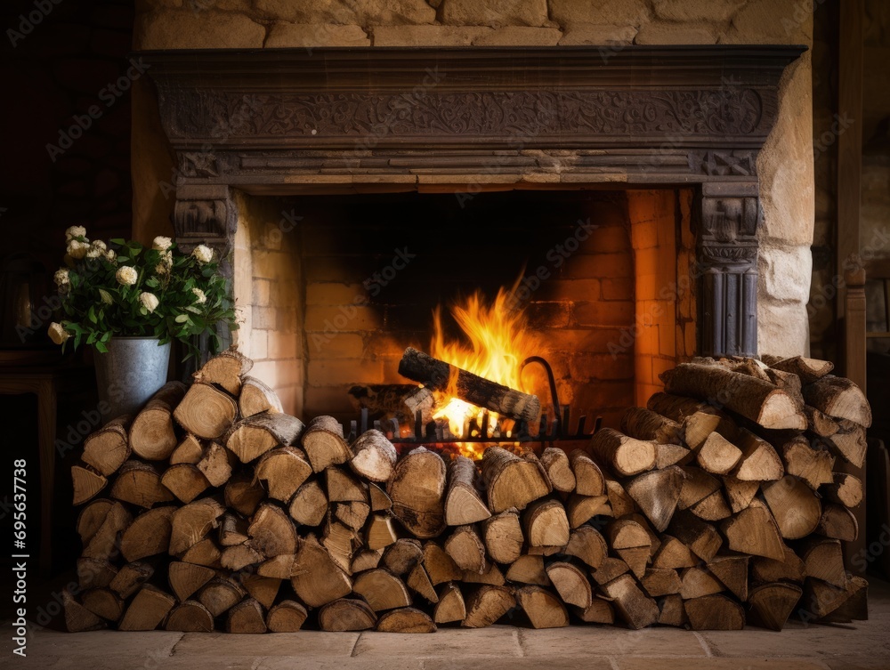 An inviting scene featuring neatly stacked chopped firewood, ready for ...
