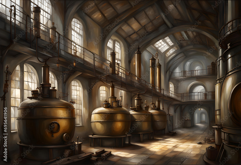 Painting of an old-fashioned whiskey distillery filled with copper ...