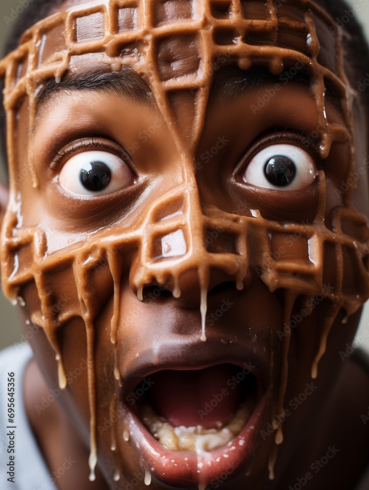 Funny photograph of a person after a caramel sauce waffle accident ...