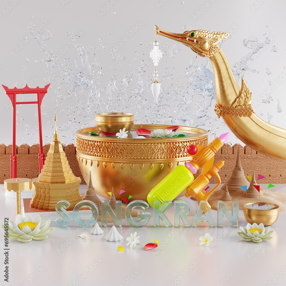 3d rendering illustration background for Songkran festival background in thailand water festival ...