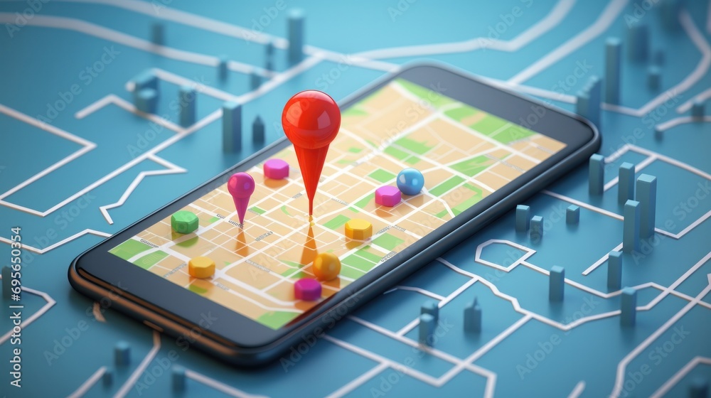Smartphone with map, 3D Map pins, GPS, navigator pin checking points ...