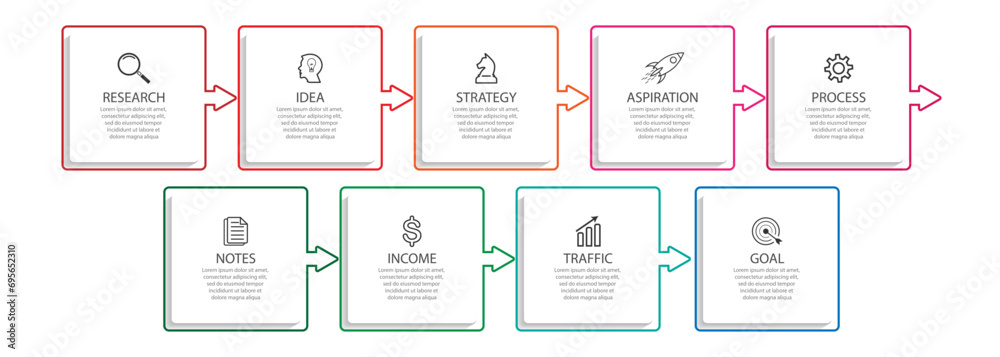 simple infographic design with thin lines, 9 interconnected square ...