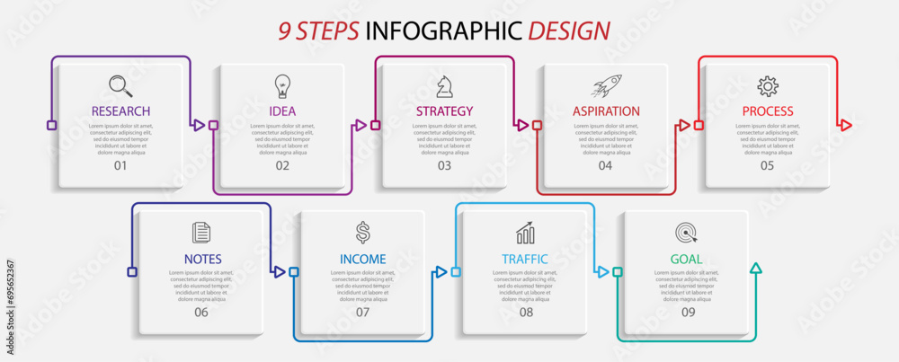simple infographic design with thin lines, 9 interconnected square ...