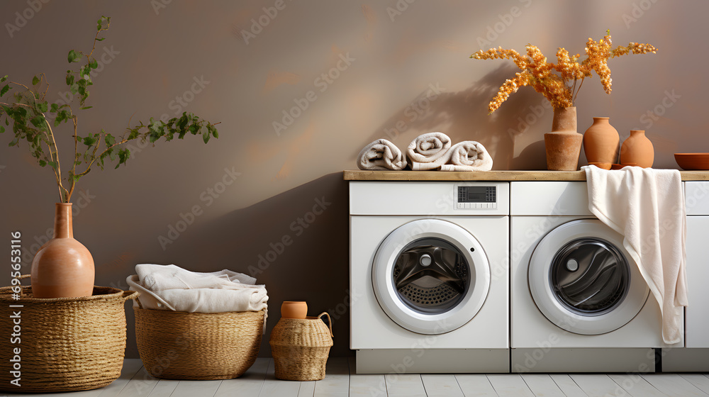 washing machines in a clean utility laundry room or washing service ...