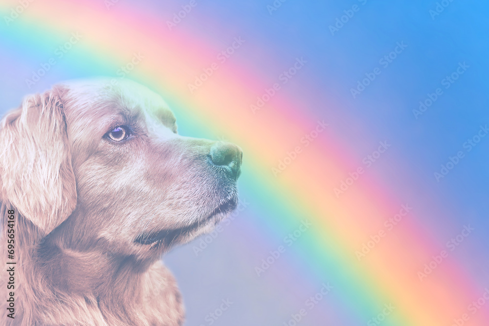 Dog Rainbow Bridge. Golden Retriever dog on rainbow background. Dog and ...