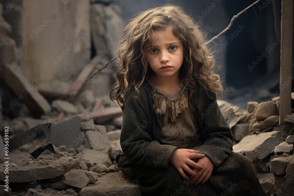 Sad child sitting next to the ruined house by bomb Stock Photo | Adobe ...