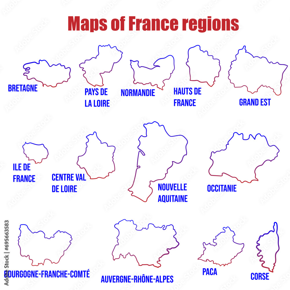 Set of separated simplified maps of France regions. Vector hand drawn ...