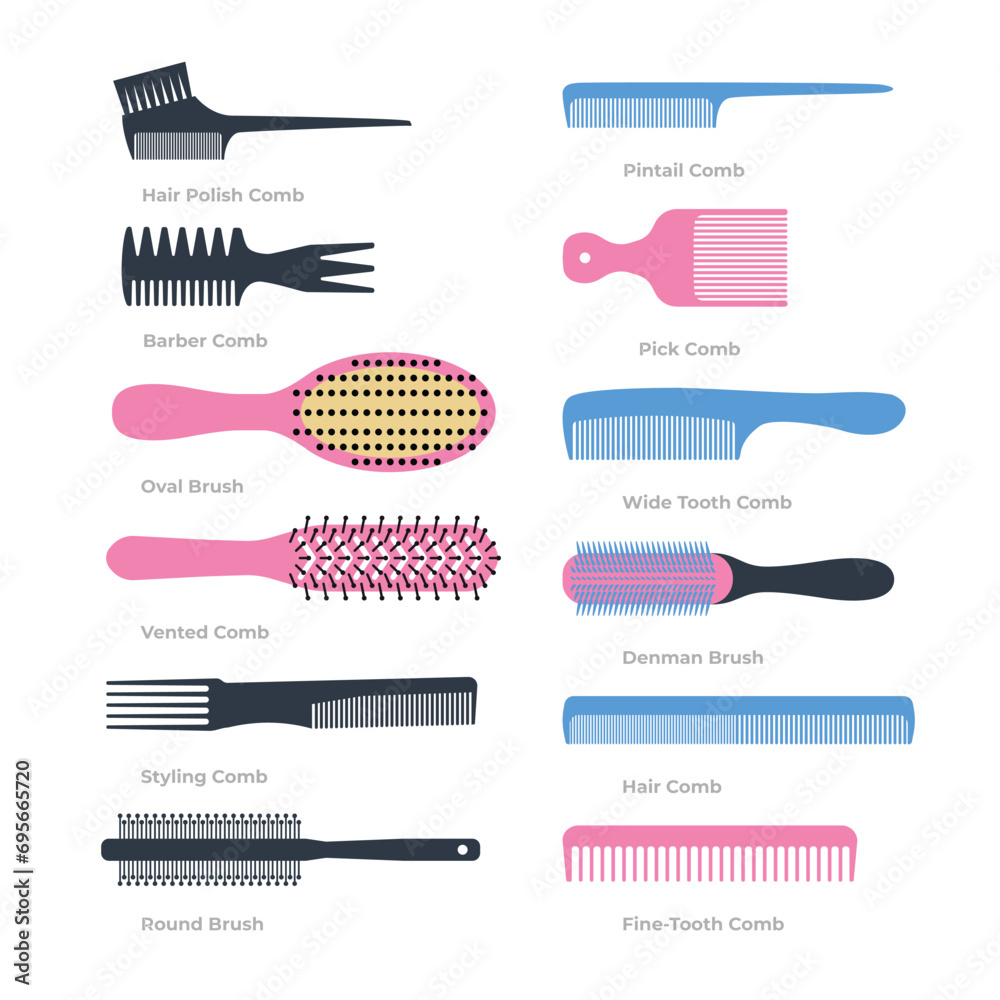 Set of different types of hair combs collection, Cartoon hairbrushes ...
