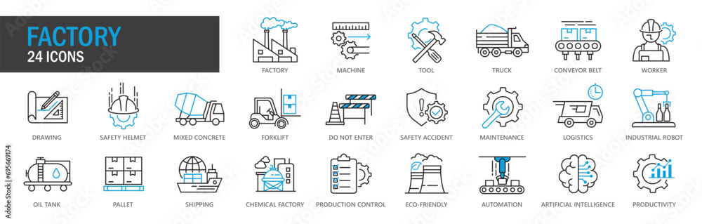 Factory Icon Set. Factory, Machine, Truck, Workers, Conveyor Belt ...