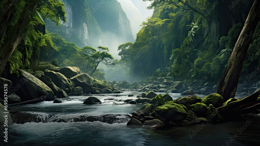 Long river of the waterfall between green mountains Stock Photo | Adobe ...