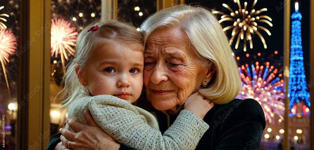an old woman grandma hugs the granddaughter, grandchild, toddler child ...