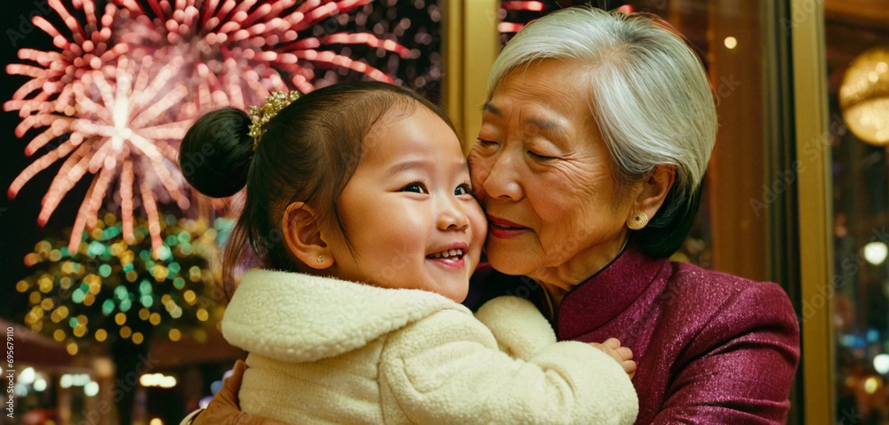 an old woman grandma hugs the granddaughter, grandchild, toddler child ...