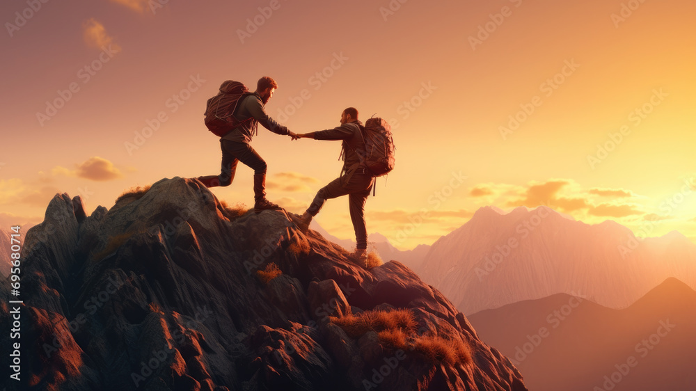 Two men. Travelers lend a helping hand, overcoming obstacles, climbing ...