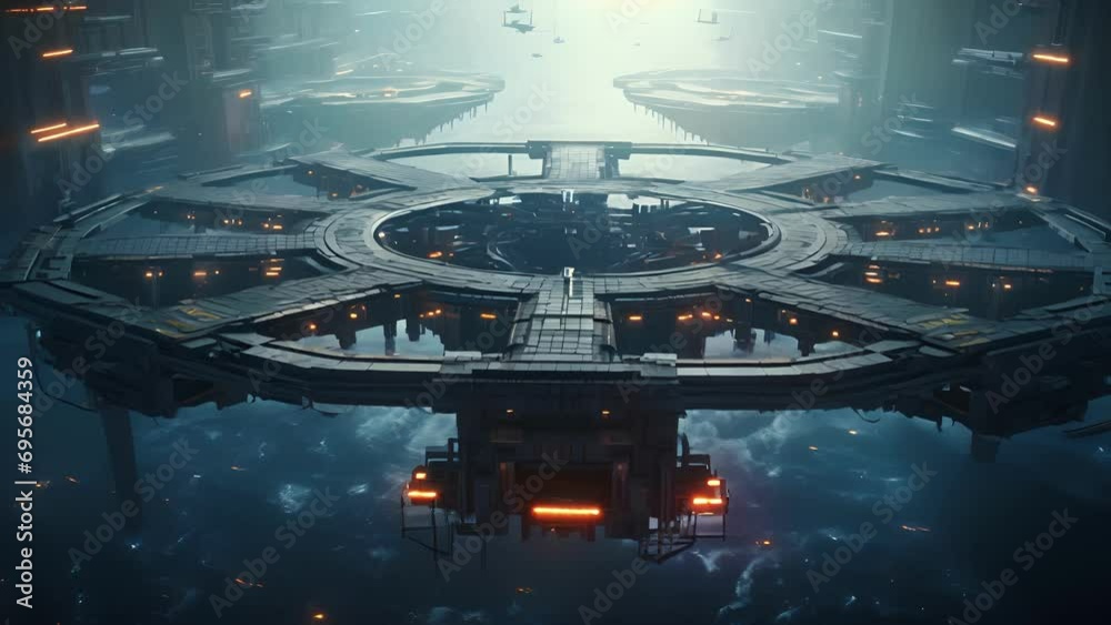 A security drone flying above a massive floating platform connected to ...