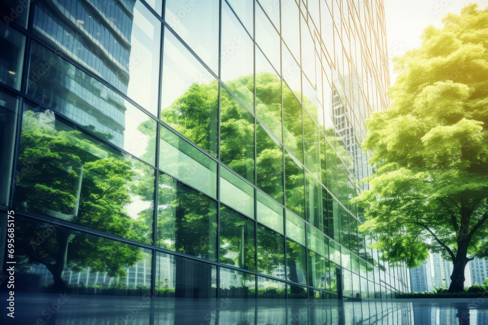Reflecting greenery, a corporate glass building symbolizes ESG ...