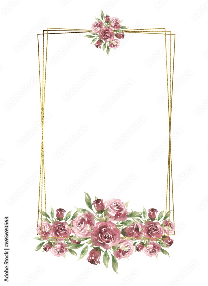 Watercolor floral rectangular frame with compositions with roses and ...