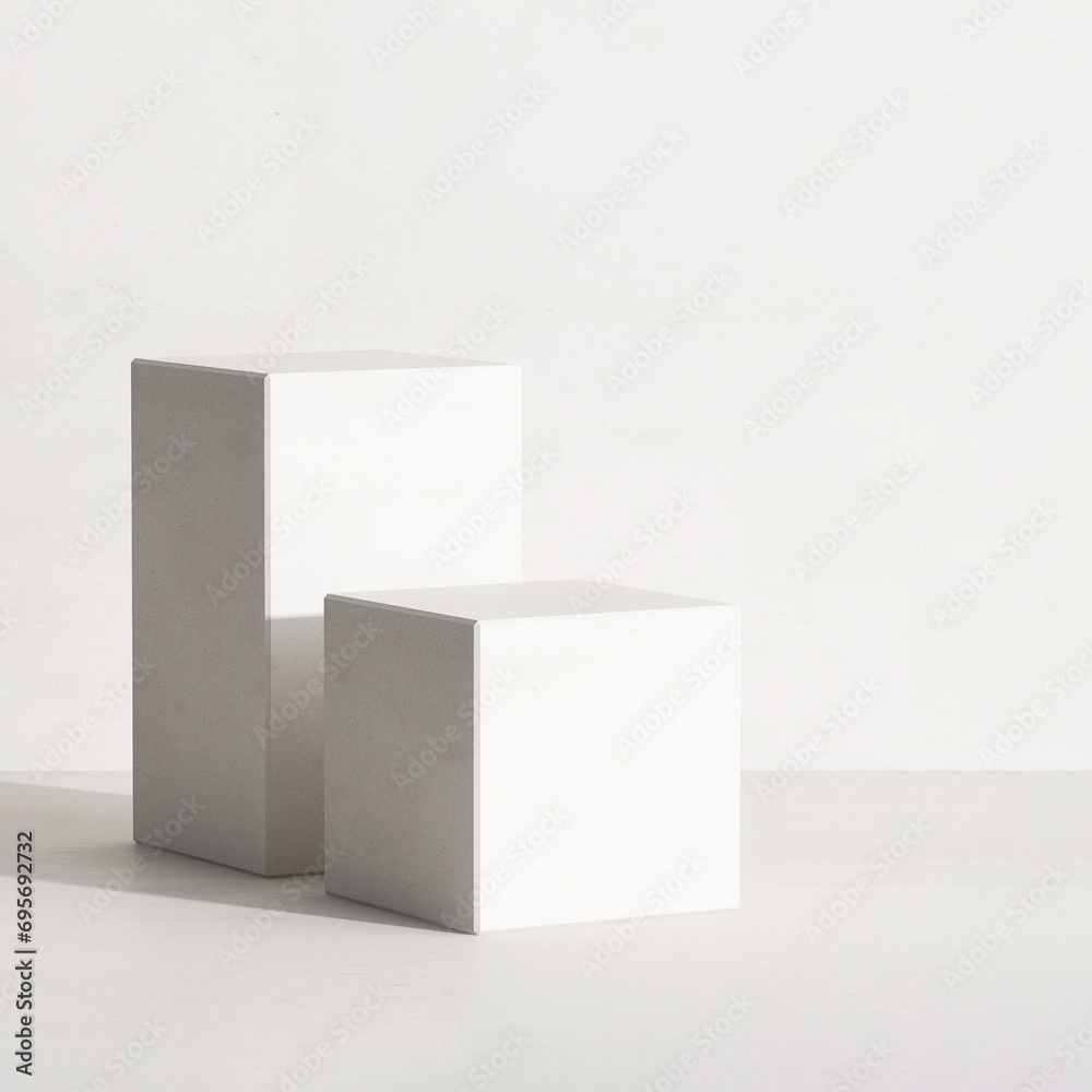 Two modern white cuboid podium, geometric pedestal on counter in ...