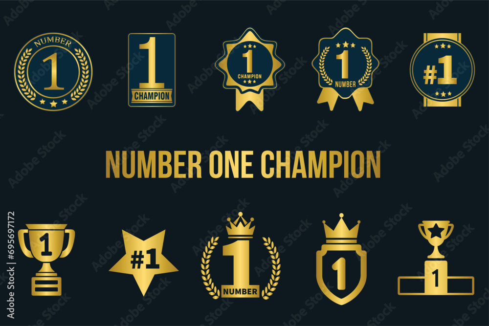 Set of golden number one champion medal, first place winner golden ...