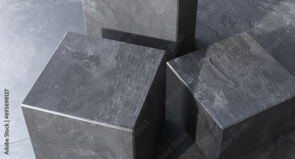 Three modern black cuboid stone rock podium, geometric pedestal on gray ...