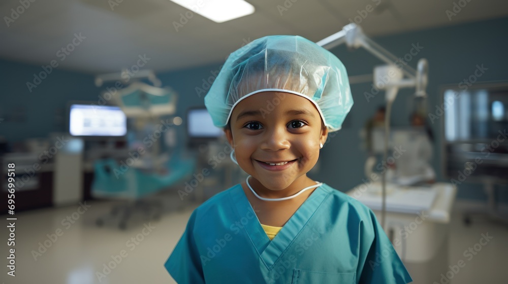 Cute little child in the operating room, Happy optimistic young ...