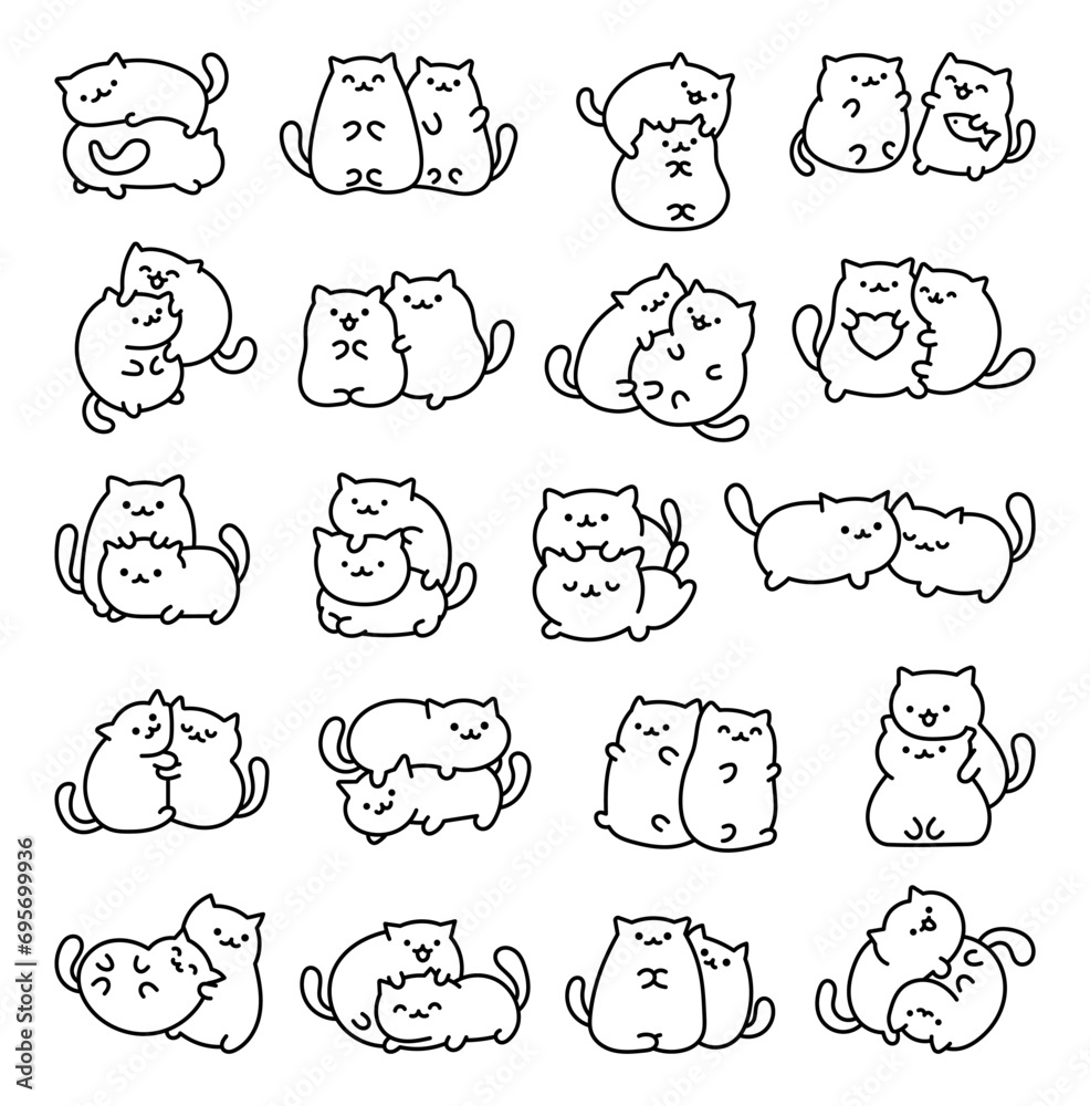 Collection of two lovely little cats. Coloring Page. Cute kawaii twin ...