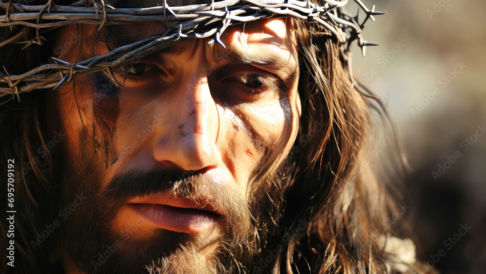 Religious scene with Jesus Christ wearing a crown of thorns looking up ...