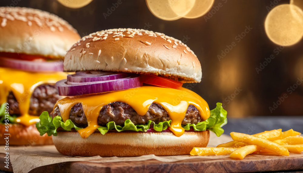 burger on table for restaurant, bokeh background. excellent juicy ...