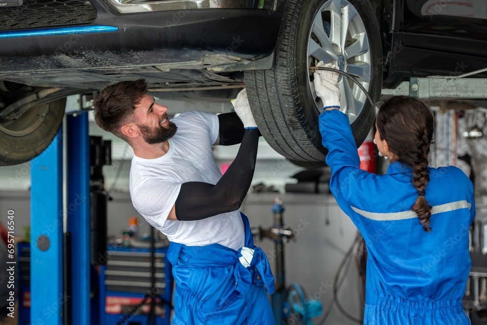 auto two professional mechanical technician garage motor car engine ...