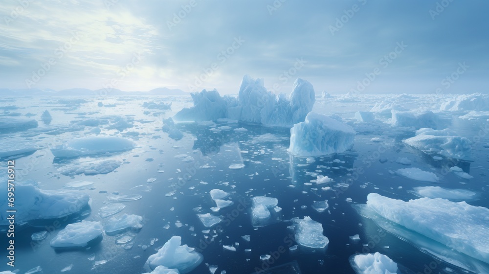 Melting ice with ice floe adrift in water, dissolving ice shards convey ...