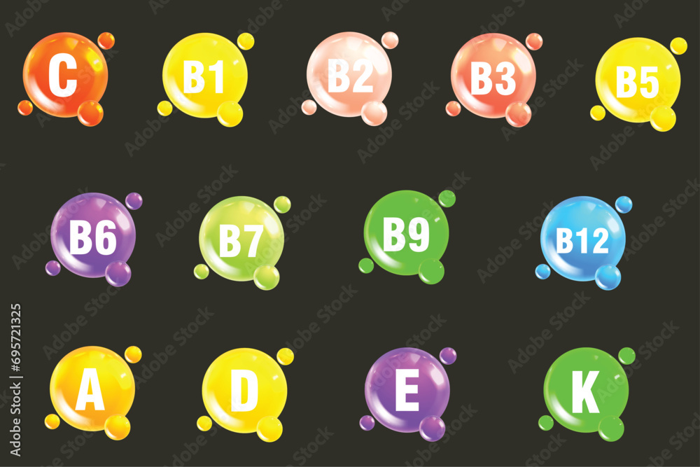 Vetor de Set of Multi Vitamin complex icons, Essential vitamin complex ...