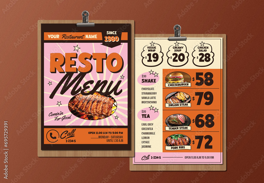 Brown 70s Retro Comic Multiple Food Menu Stock Template | Adobe Stock