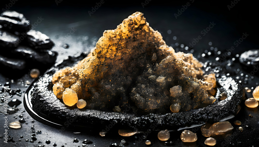 Shilajit as a powerful herbal substance with a close-up of its rich ...